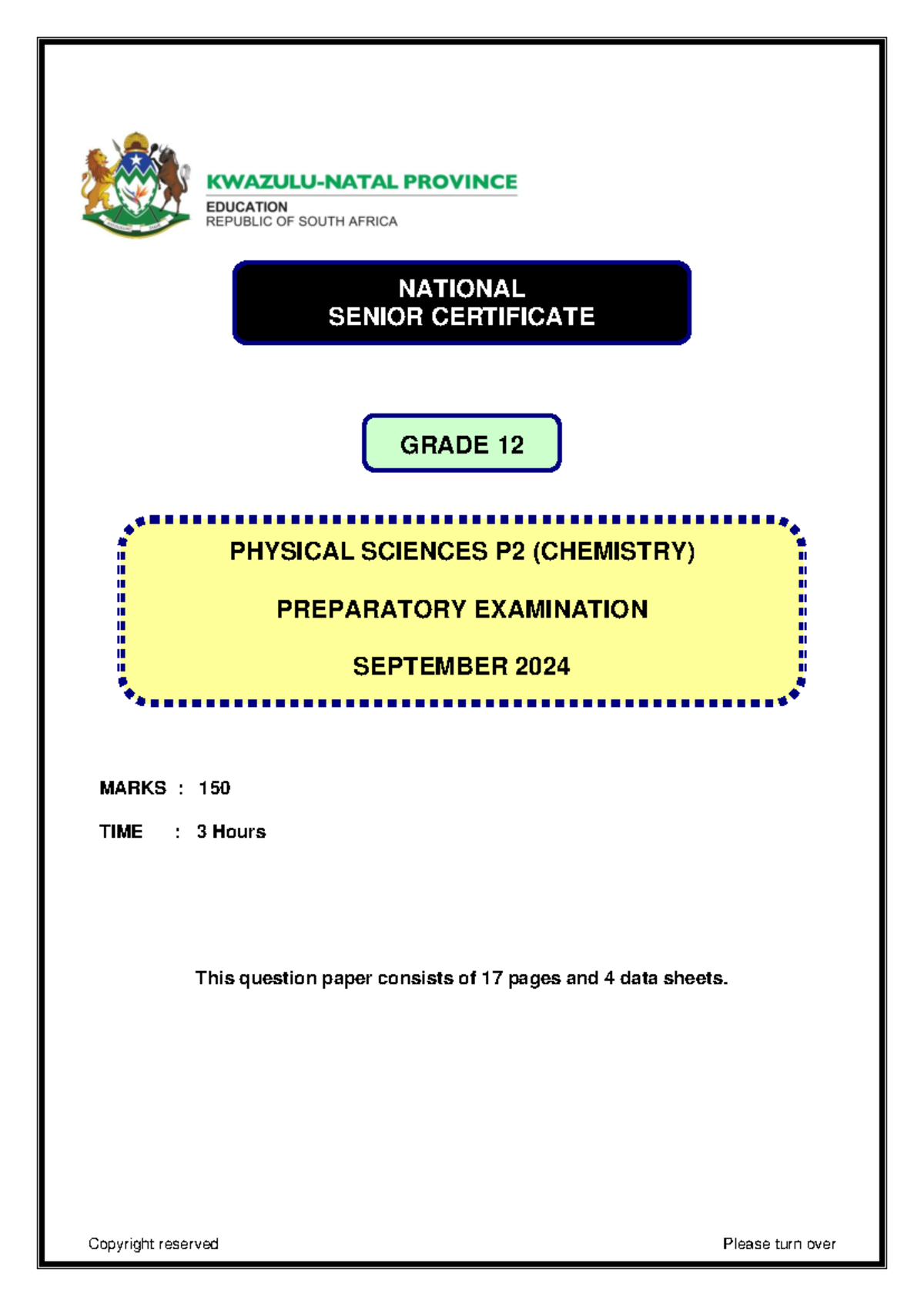 KZN Physical Sciences P2 September 2024 Eng-7806709 - MARKS : 150 TIME : 3 Hours This question ...