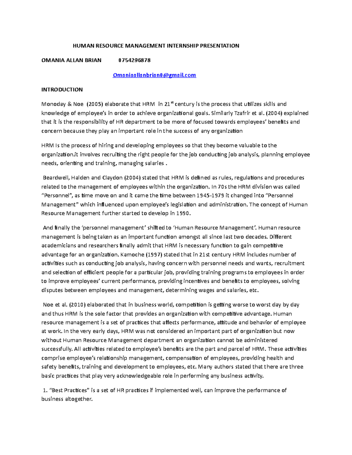 Omania Allan Brain hr - HUMAN RESOURCE MANAGEMENT INTERNSHIP PRESENTATION OMANIA ALLAN BRIAN ...