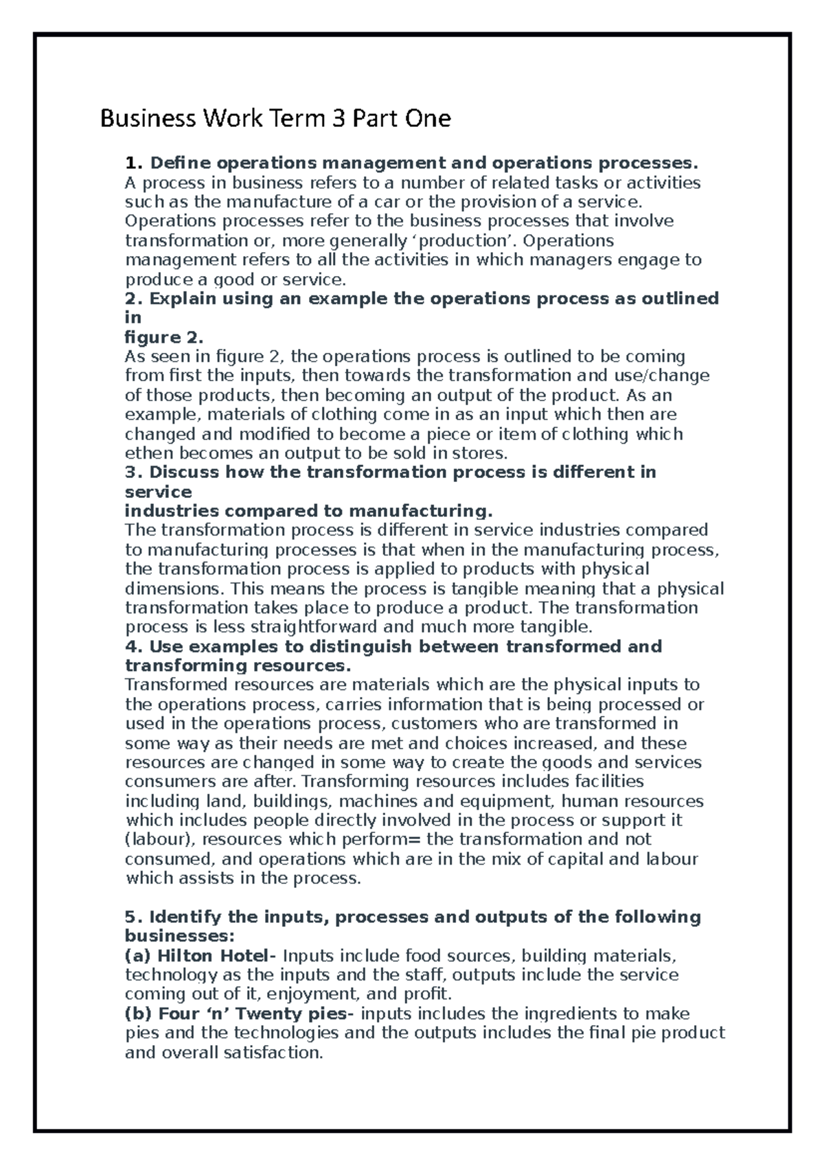 Business Work Term 3 Part One - Define operations management and ...