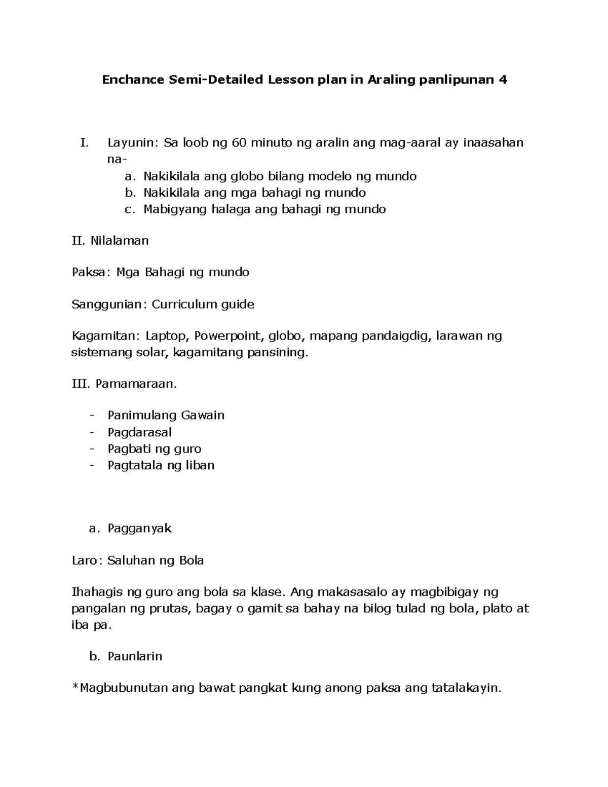 Enchance Semi Detailed Lesson plan in Araling panlipunan 4 - Layunin ...