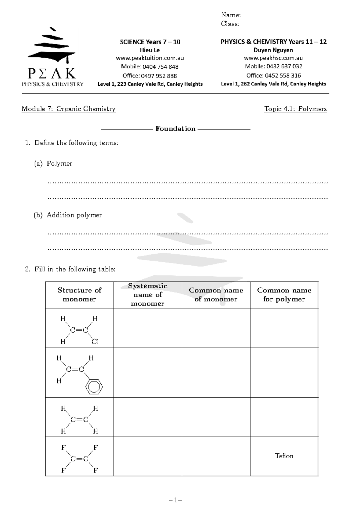 4 - chemistry hw from peak helpful for the hsc - Name: Class: Module 7 ...