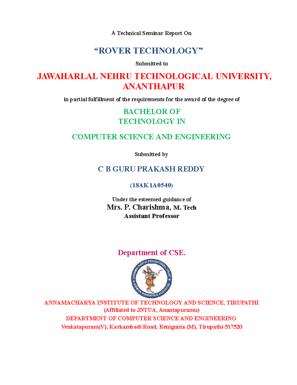 18AK1A0540 - Rover Technology - A Technical Seminar Report On “ROVER ...