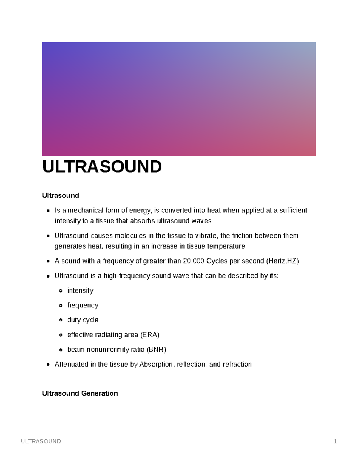 Ultrasound and Diathermy Notes - ULTRASOUND 1 ULTRASOUND Ultrasound Is ...