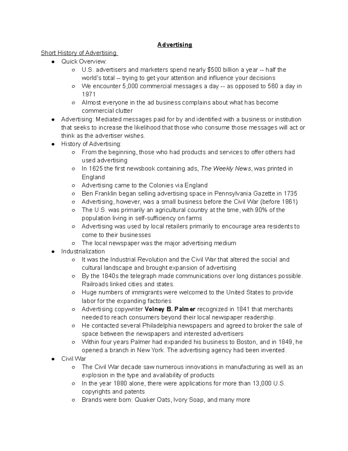 Chapter 12 Lecture Notes - Advertising Short History of Advertising ...