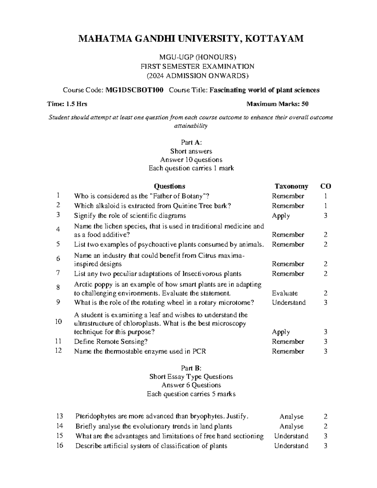 Botany question paper - MAHATMA GANDHI UNIVERSITY, KOTTAYAM MGU-UGP ...