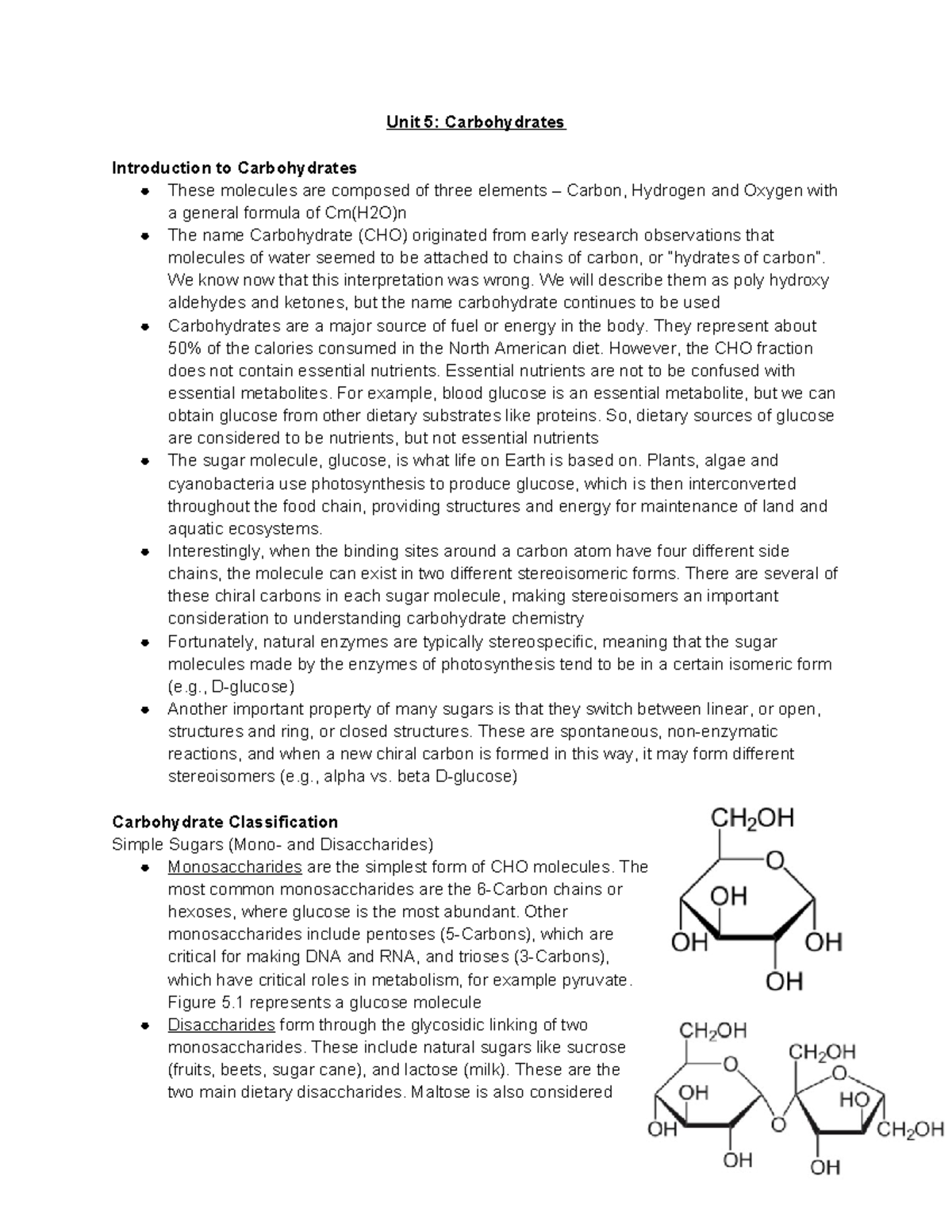 Unit 5 Carbohydrates - Unit 5: Carbohydrates Introduction to ...