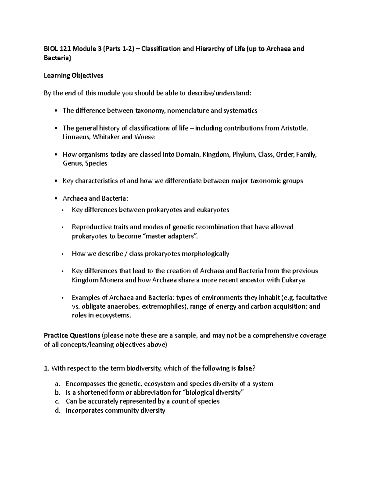 BIOL 121 Module 3 Parts 1-2 Practice Questions - Biol 121 - U of S ...