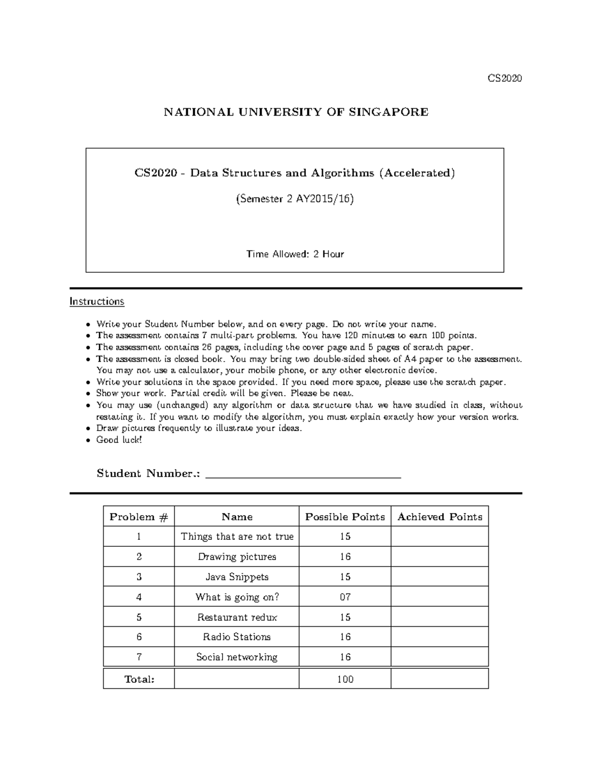CS2020 AY1516S2 - past year paper - ####### CS NATIONAL UNIVERSITY OF ...
