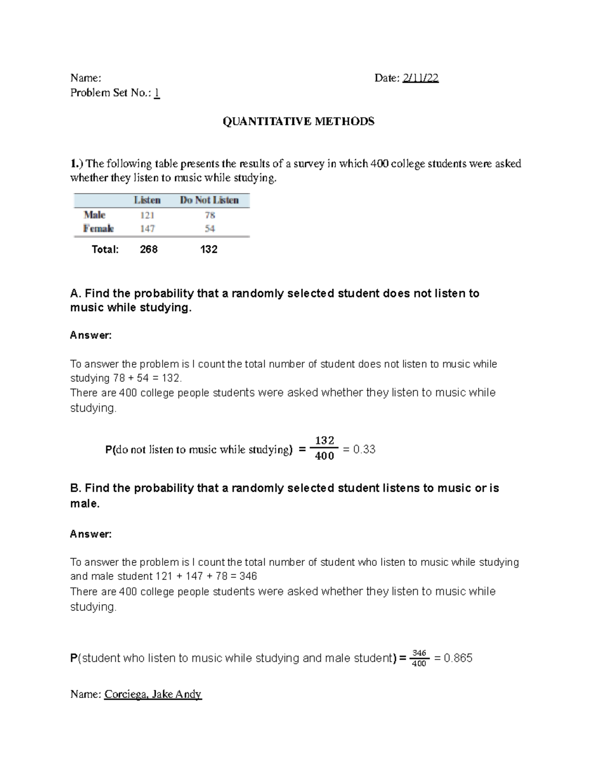 Quantitative Methods Name Date 211 Problem Set No 1 Quantitative Methods 1 The