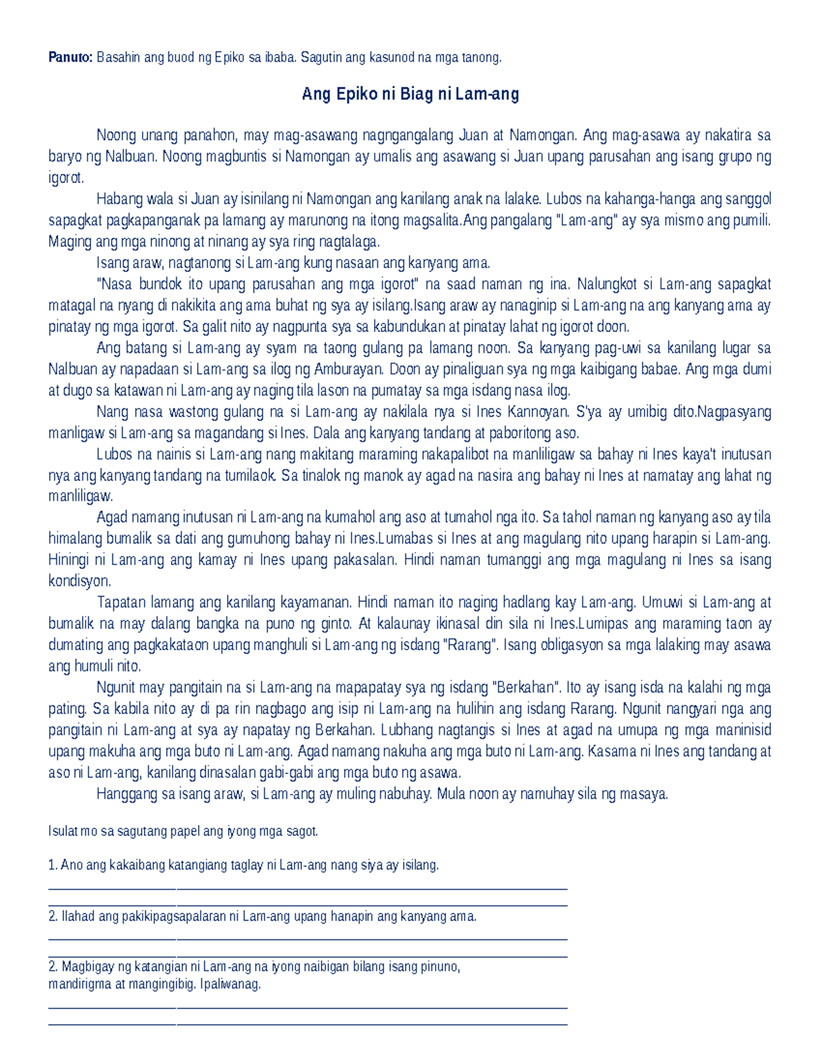 Epiko Biag ni Lam-ang - Panuto: Basahin ang buod ng Epiko sa ibaba. Sagutin ang kasunod na mga ...