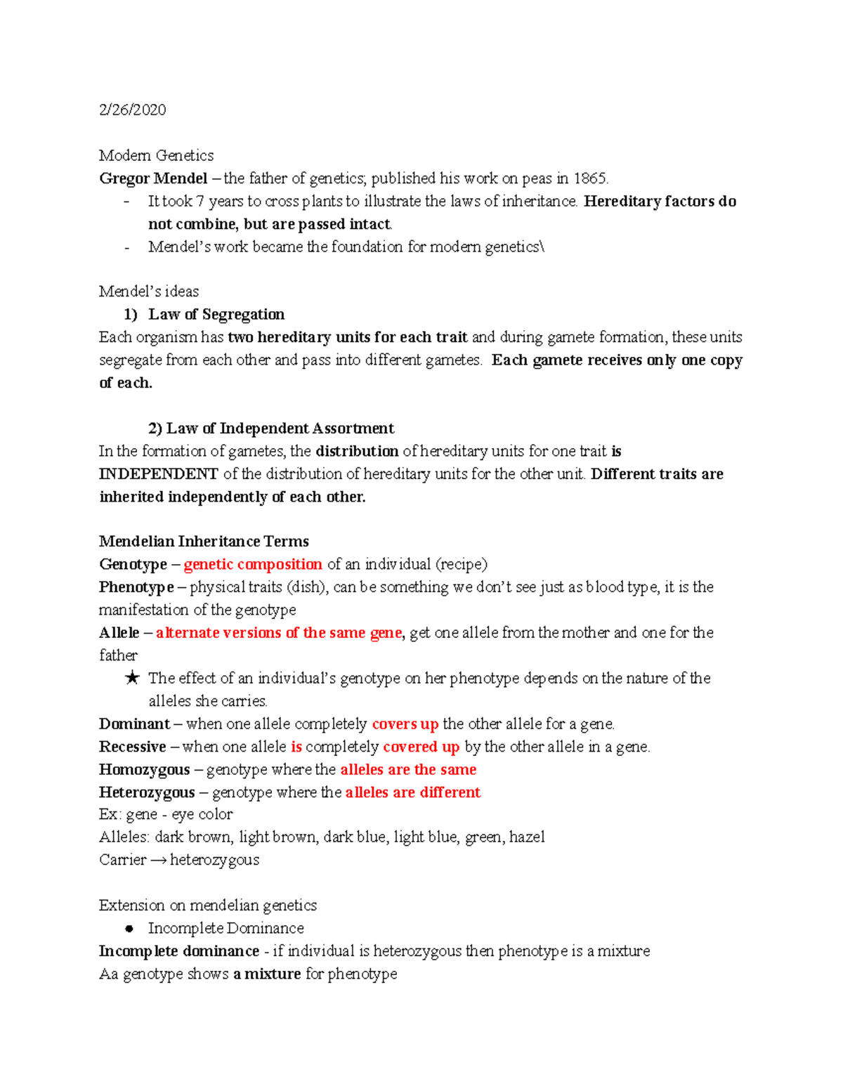 Biology 120 - Week 5 - 2/26/ Modern Genetics Gregor Mendel – the father ...