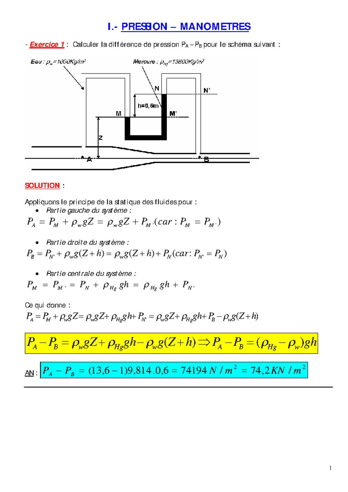 TD Hydraulique générale-Hydrostatique-1 - I.- PRESSION – MANOMETRES ...