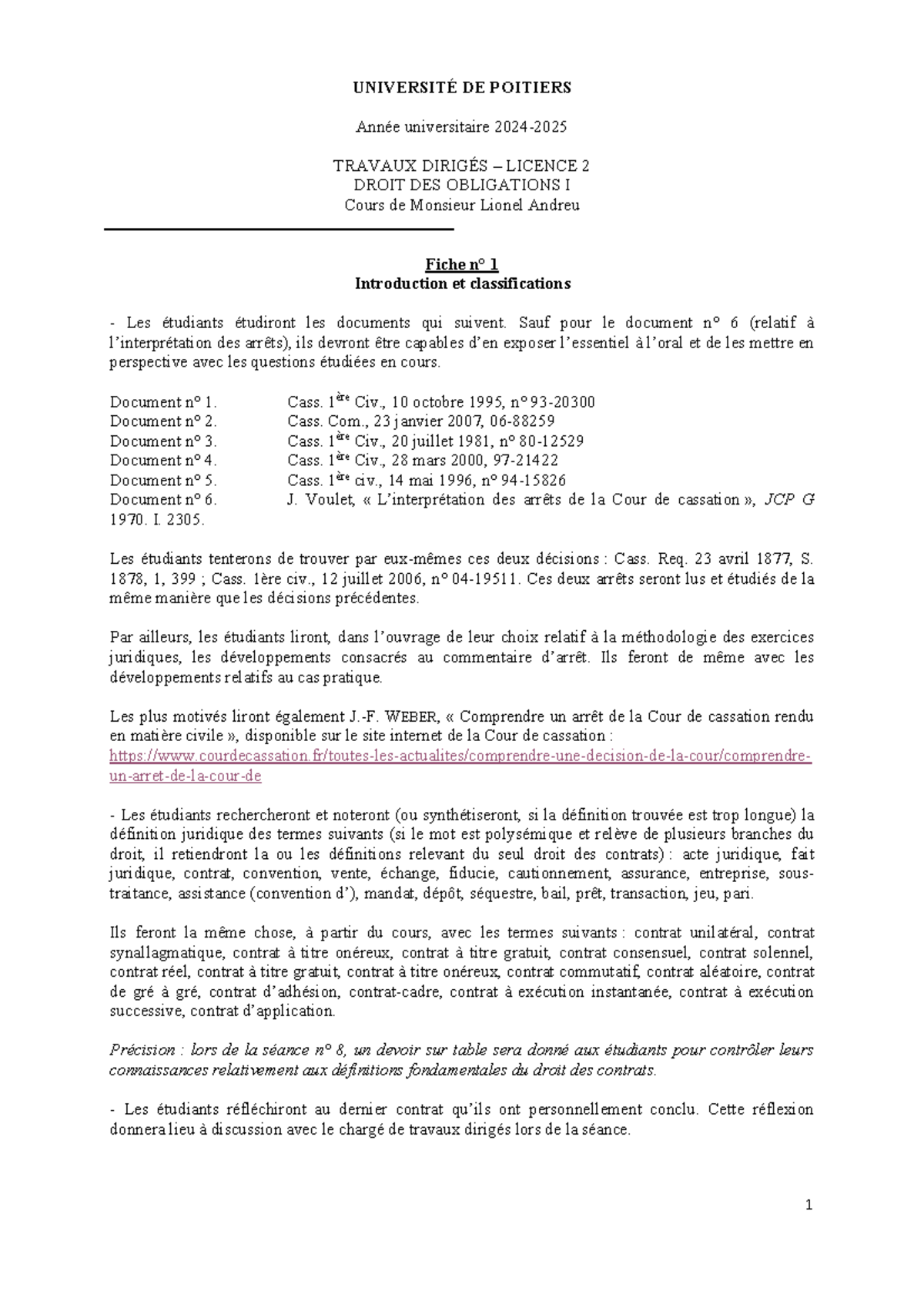 Fiche de TD 1 2024-2025 - TD droit des obligations S3 - UNIVERSITÉ DE ...
