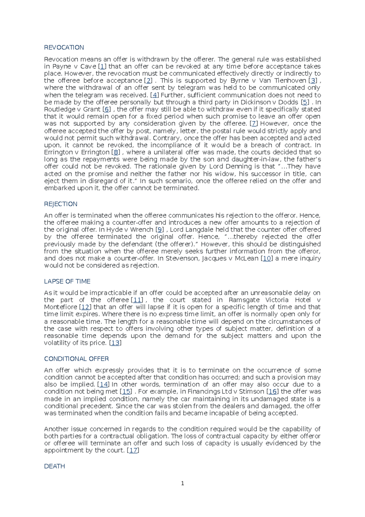 Revocation - REVOCATION Revocation means an offer is withdrawn by the ...