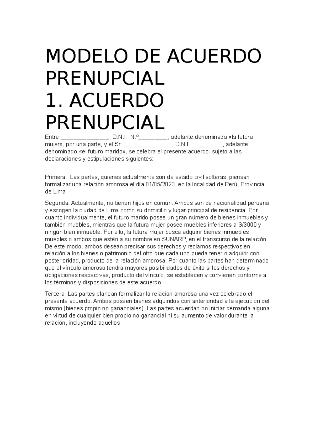 Modelo DE Acuerdo Prenupcial - MODELO DE ACUERDO PRENUPCIAL 1. ACUERDO ...