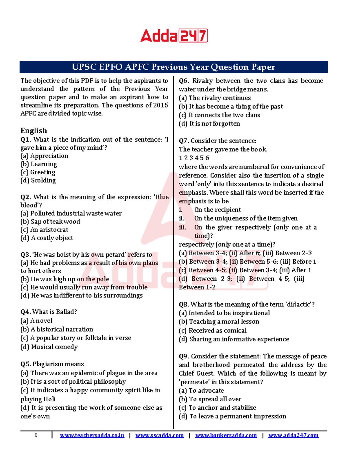 UPSC EPFO APFC Previous Year Question Paper - The questions of 2015 ...