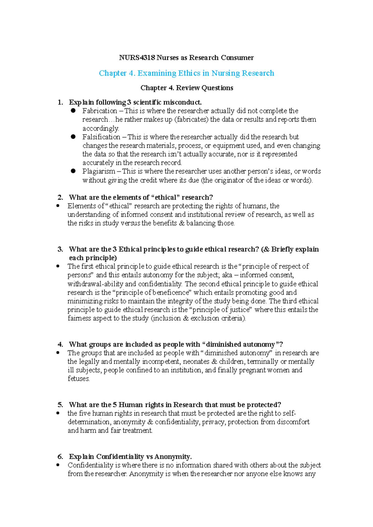 Research Chapter 4 review questions - NURS4318 Nurses as Research ...
