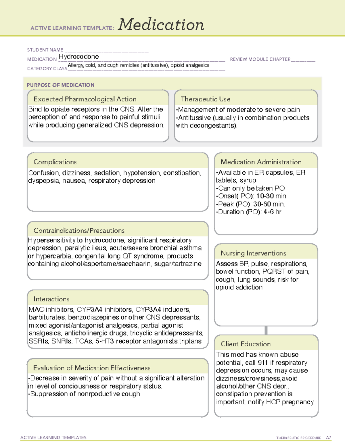 Hydrocodone Drug Sheet copy - ACTIVE LEARNING TEMPLATES THERAPEUTIC ...