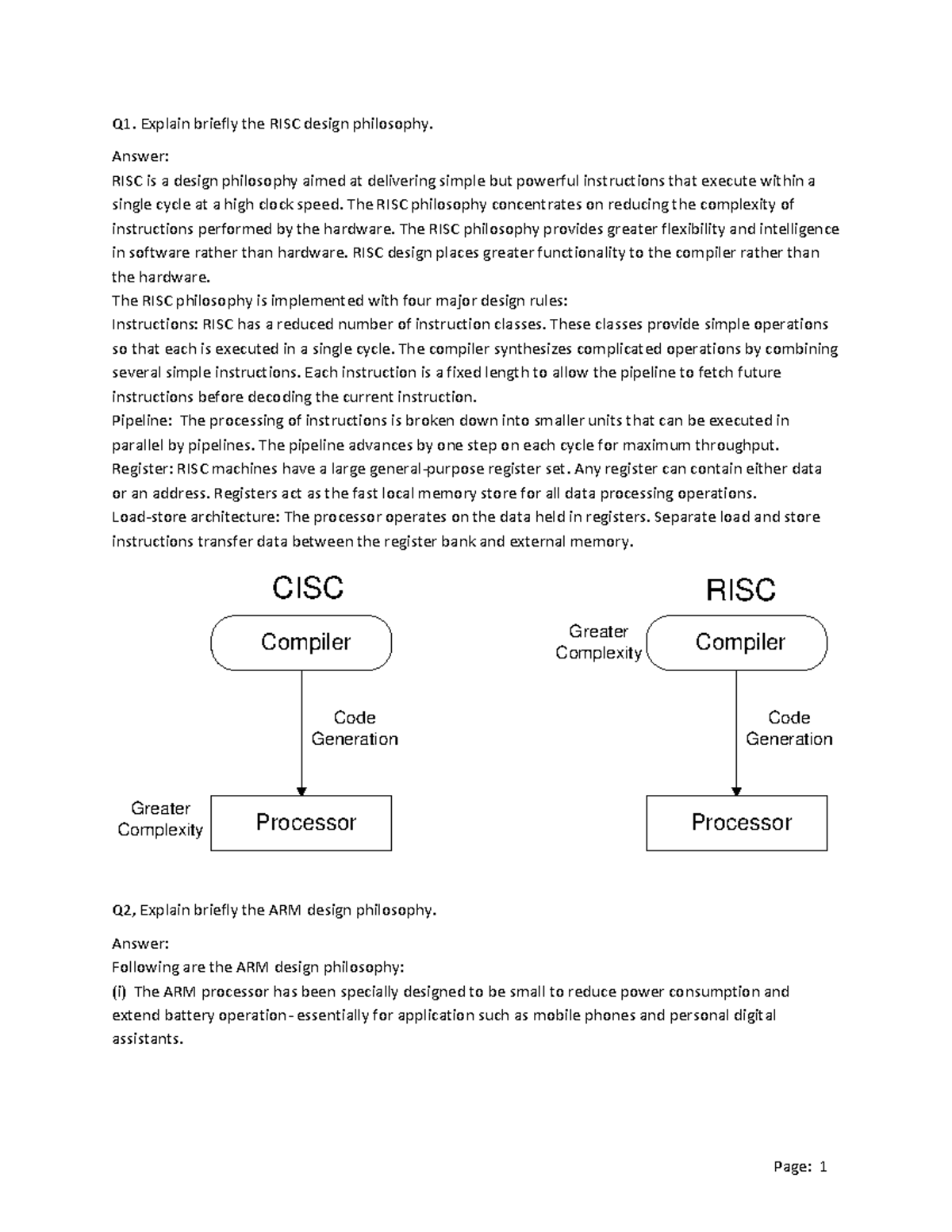 MES-Module-1.pdf solutuon - Q1. Explain briefly the RISC design philosophy. Answer: RISC is a ...