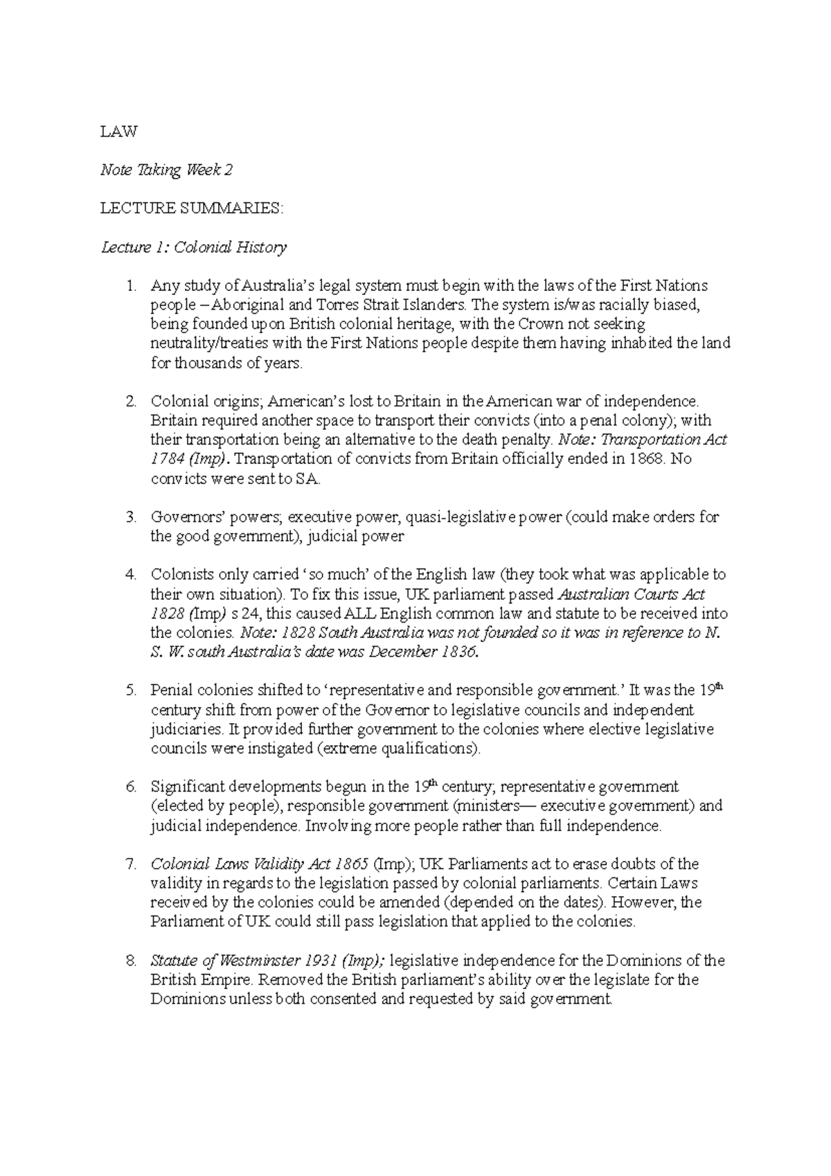 LAW:LEGL - Introduction to Law and Justice. - LAW Note Taking Week 2 ...