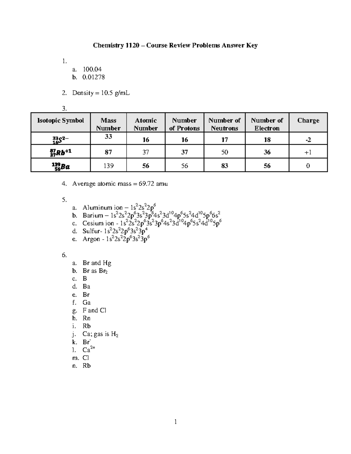 CH1120 Course Review Problems Worksheet Answer Key - Chemistry 1120 ...