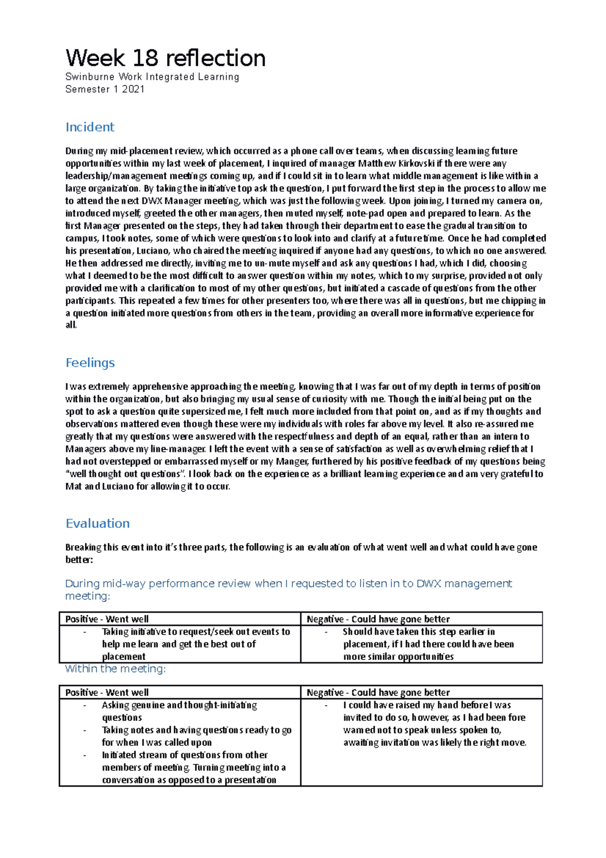 Week18refelction - A high distinction grade WIL reflection - Week 18 ...