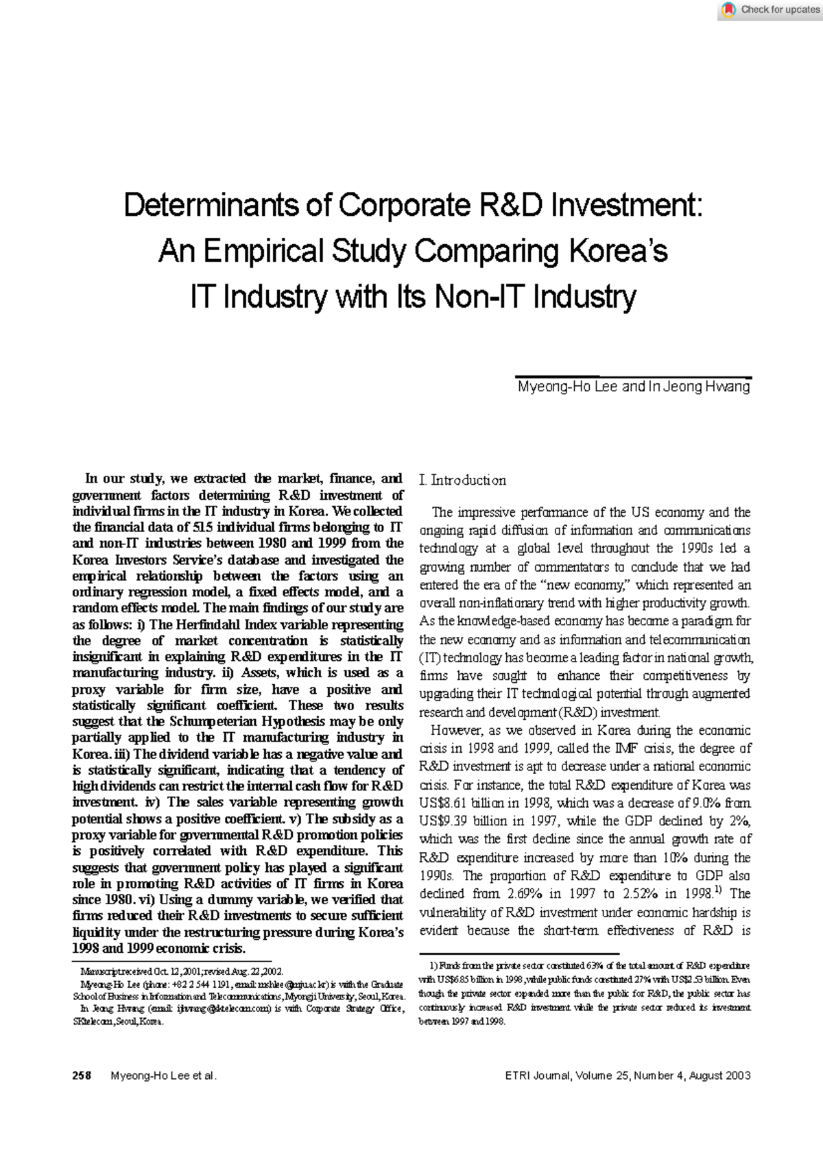 ETRI Journal - 2003 - Lee - Determinants of Corporate R D Investment An Empirical Study ...
