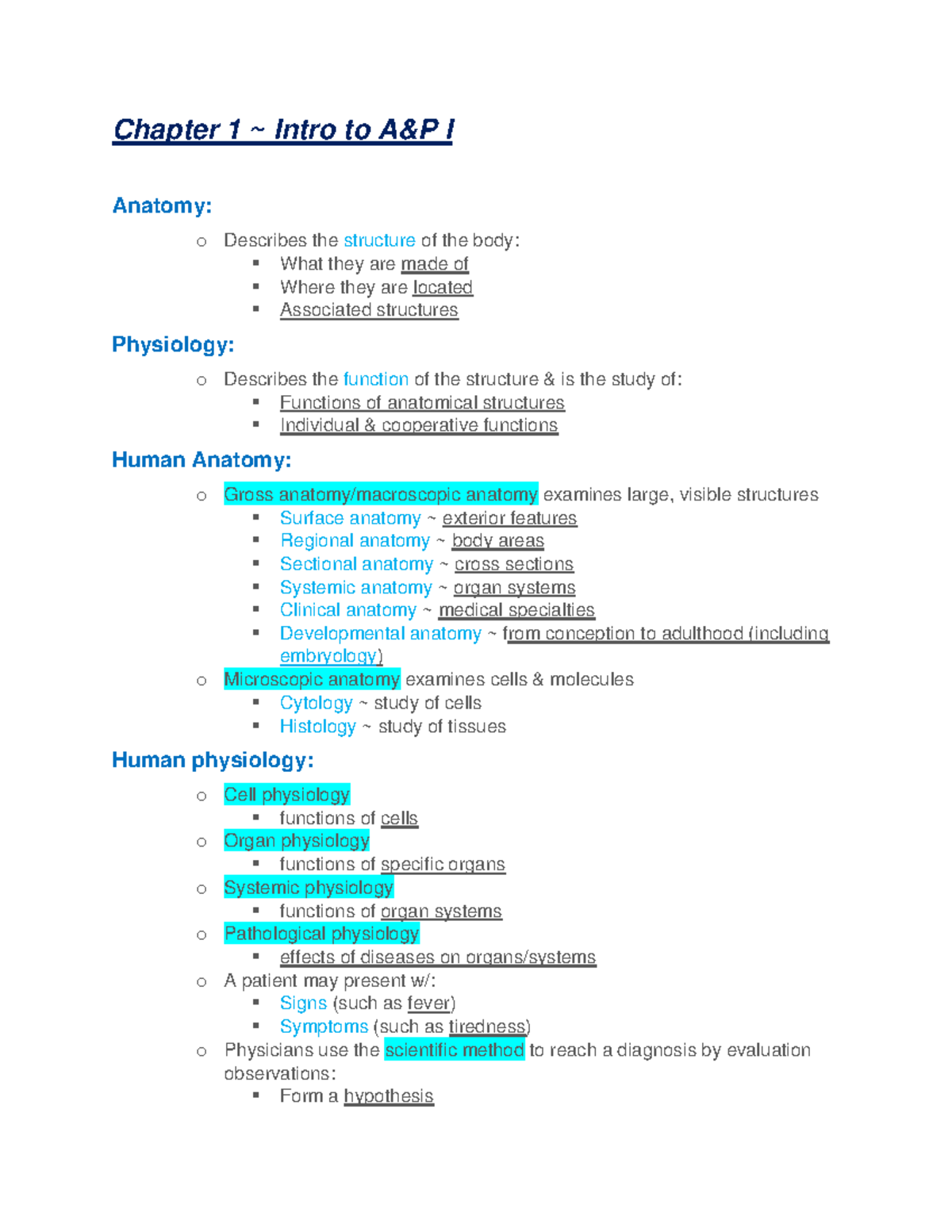 Chapter 1 ~ Introduction AP I - Chapter 1 ~ Intro to A&P I Anatomy: o ...