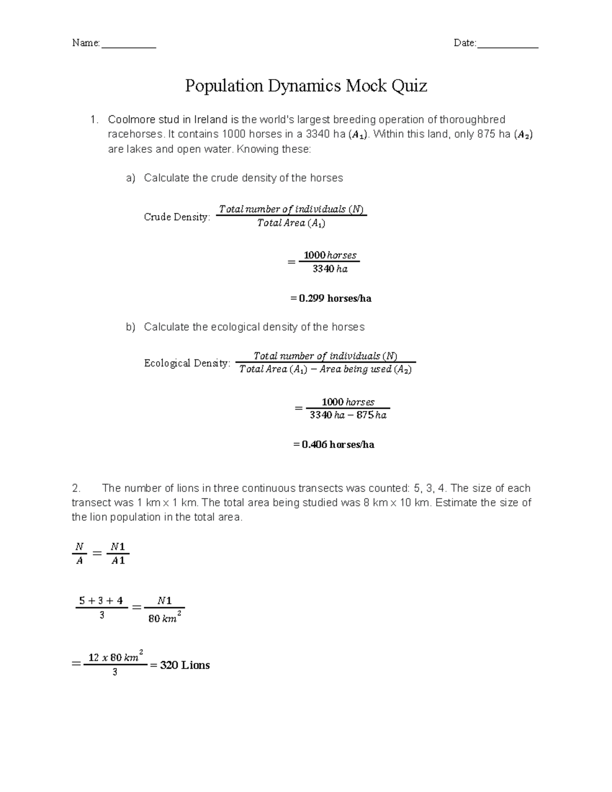 ( Answer KEY) Population Dynamics Mock Quiz (with answers) - Name ...
