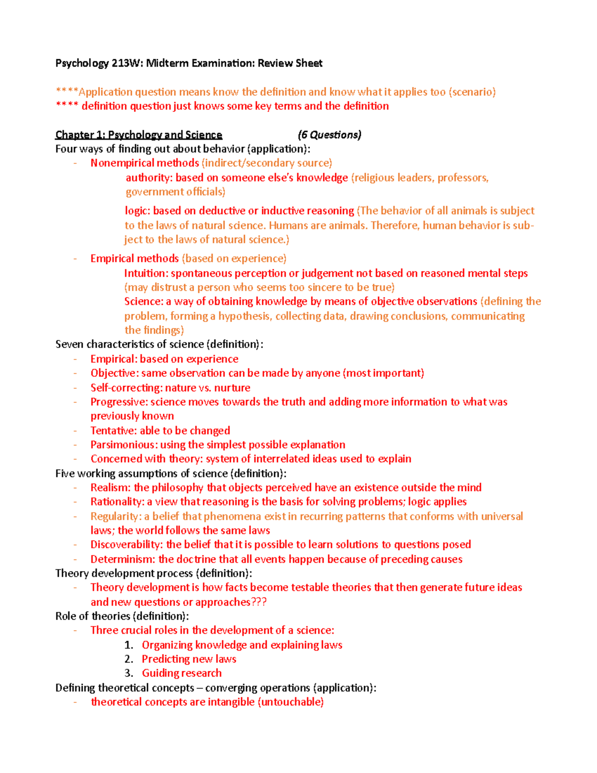 Psych 213W - Midterm Exam - Review Sheet (DOC) - Psychology 213W ...