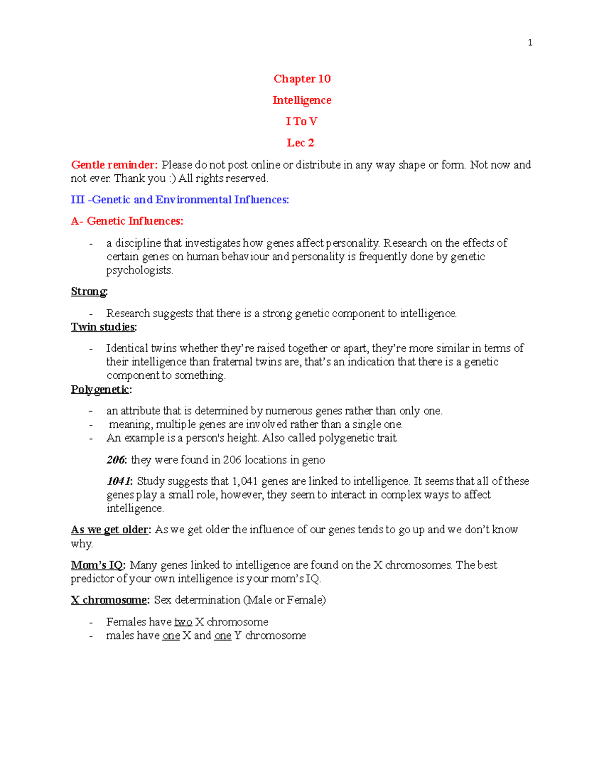 Chapter 10 - LEC 2 - Class Lecture Notes - Chapter 10 Intelligence I To ...
