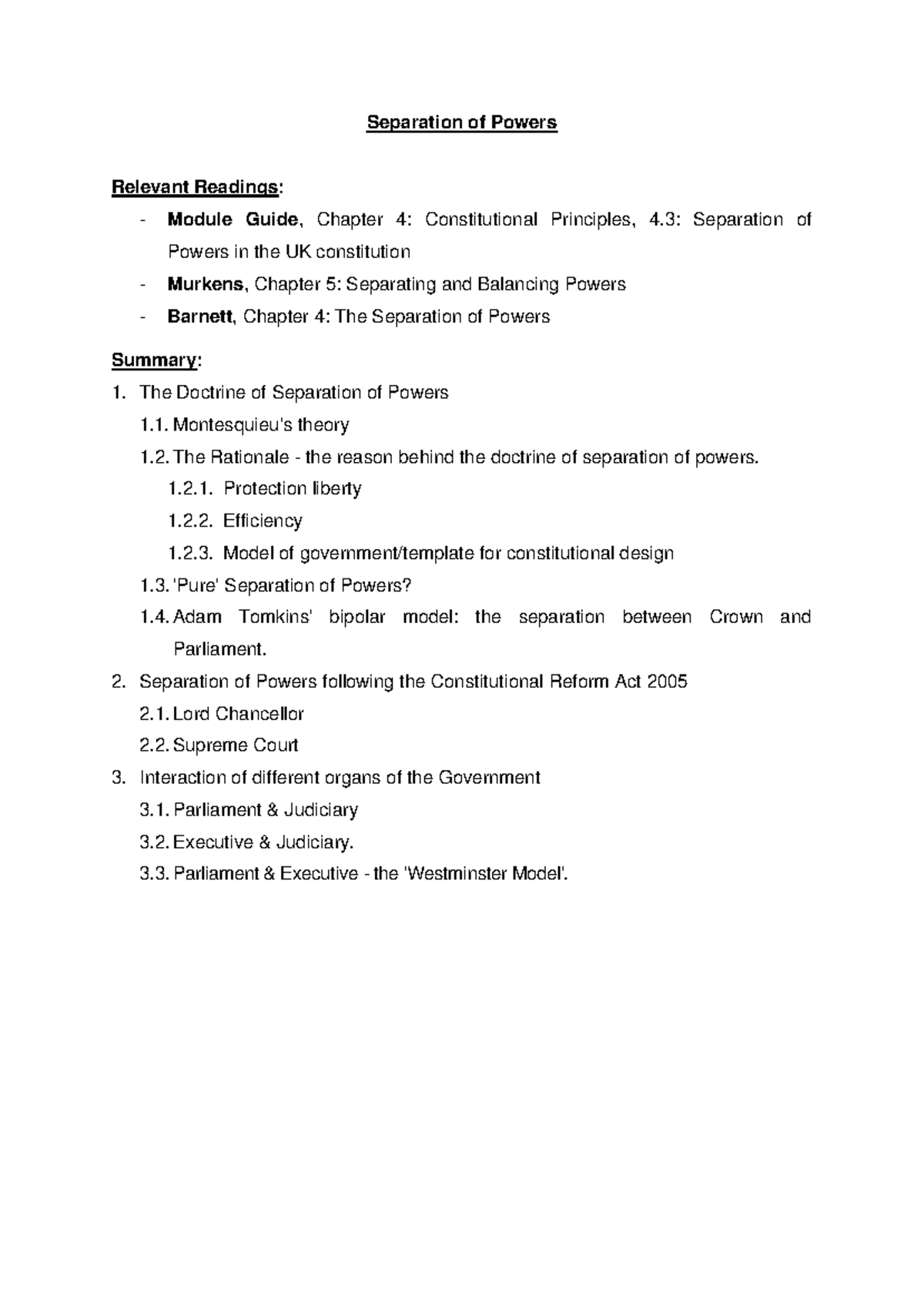 Seperation of Powers - Separation of Powers Relevant Readings: Module Guide, Chapter 4: - Studocu