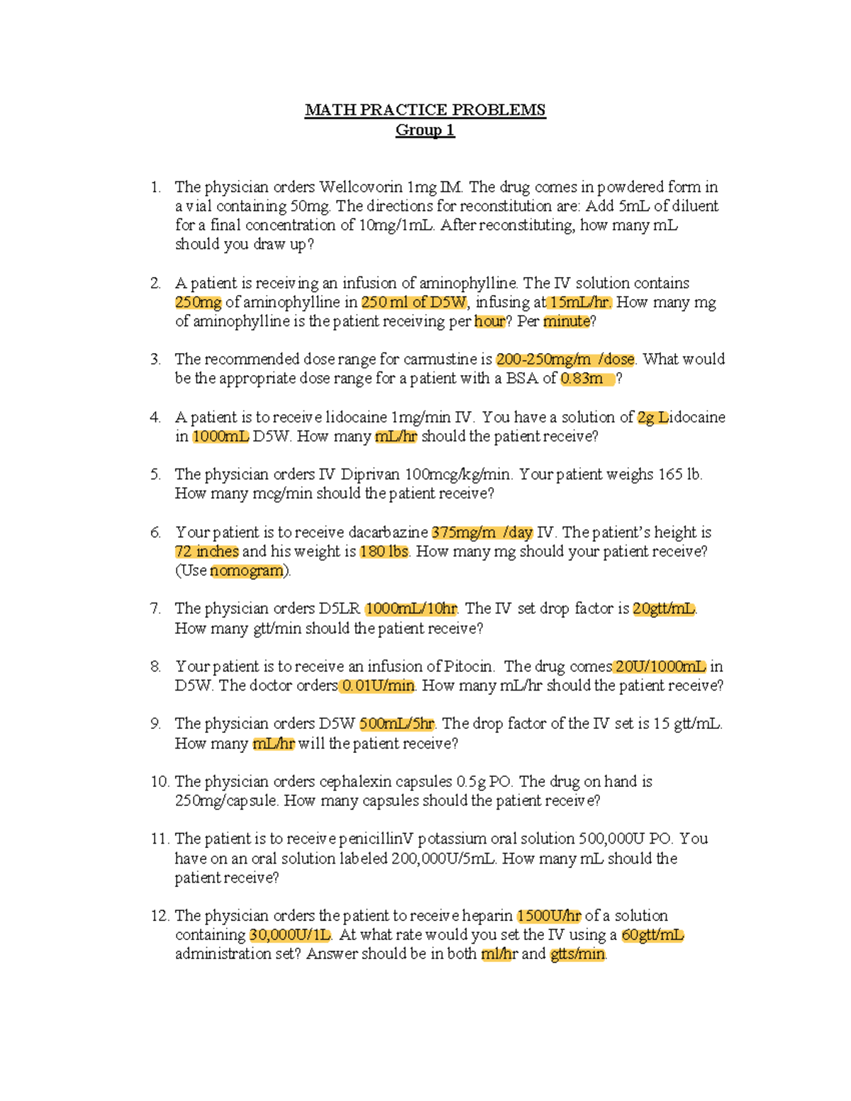 Med Math Practice 1 Med surg 1 week 1 fundamentals skills lab - MATH ...