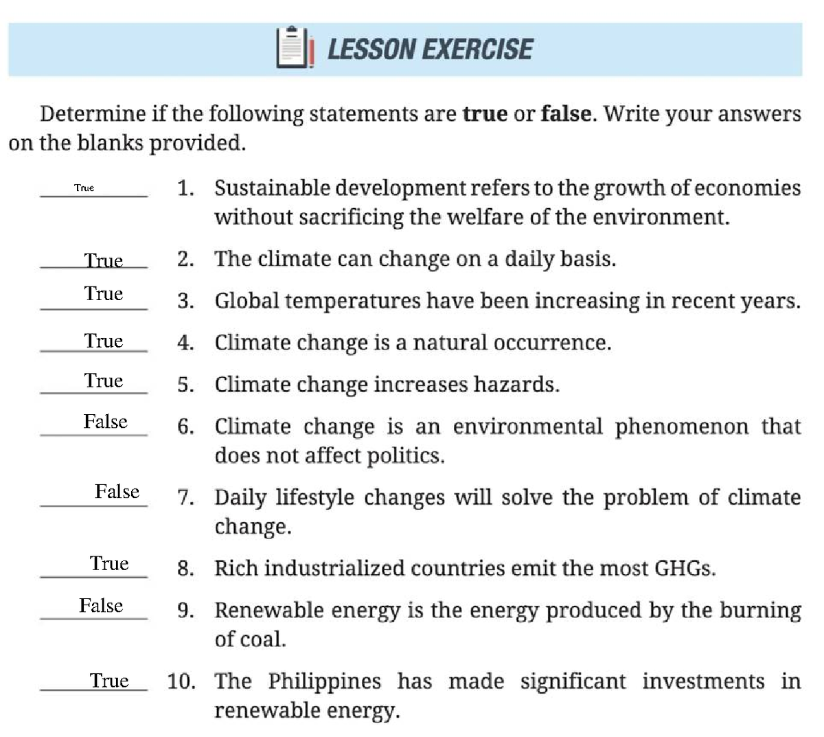 Lesson Exercise - ssssss - Senior High School - True True True True ...