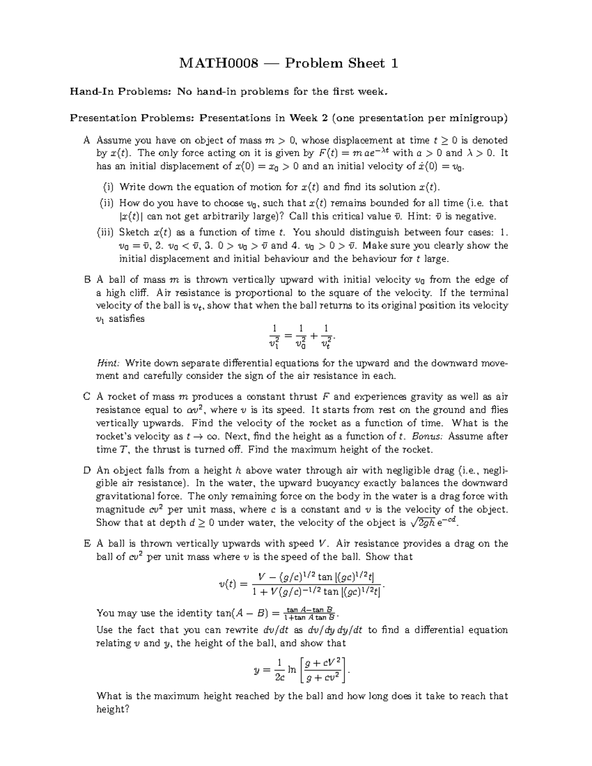 Prob Sheet 1 with solutions - MATH0008 — Problem Sheet 1 Hand-In ...