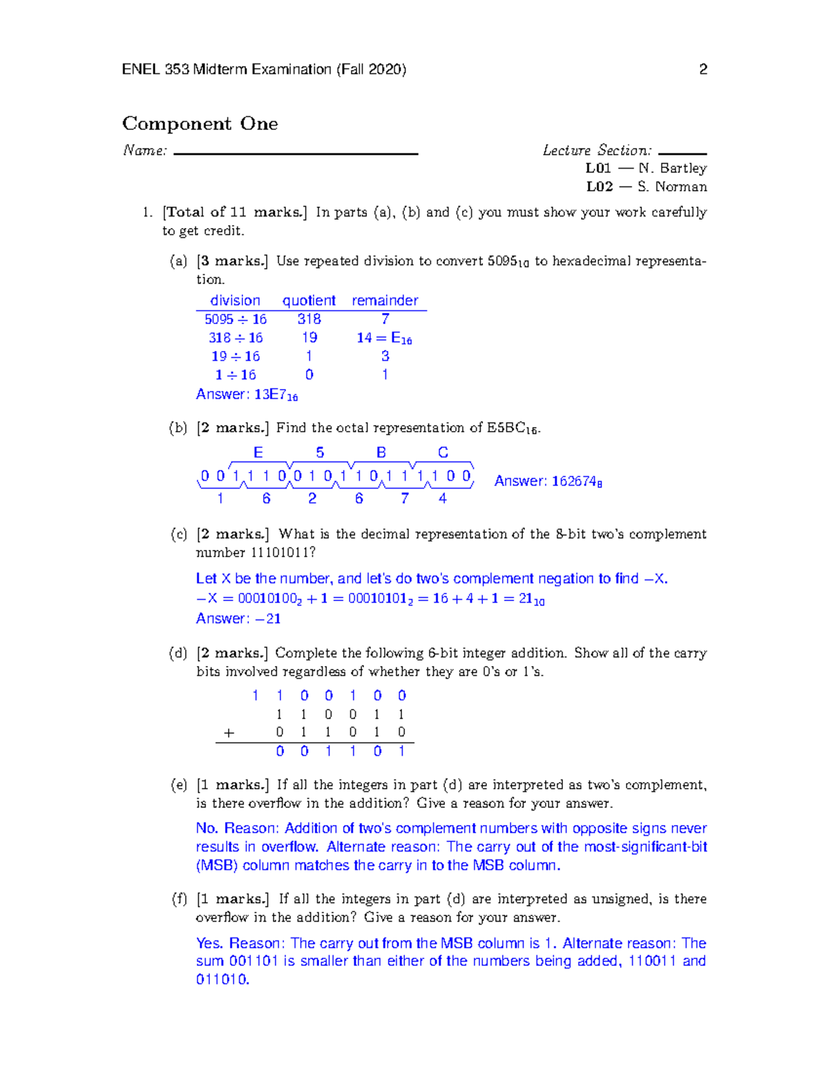 Midterm 20 solutions - Pratice stuff - Component One Name: Lecture ...