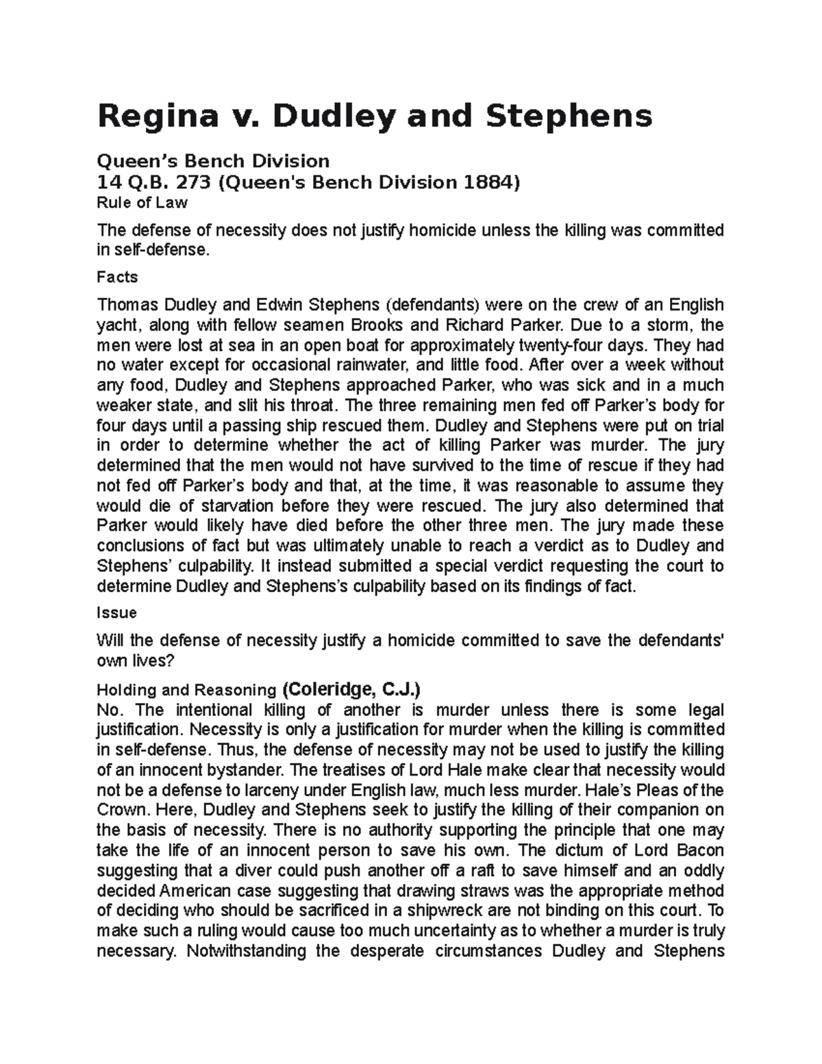 Crim - Principles of Punishment - Regina v. Dudley and Stephens Queen’s ...