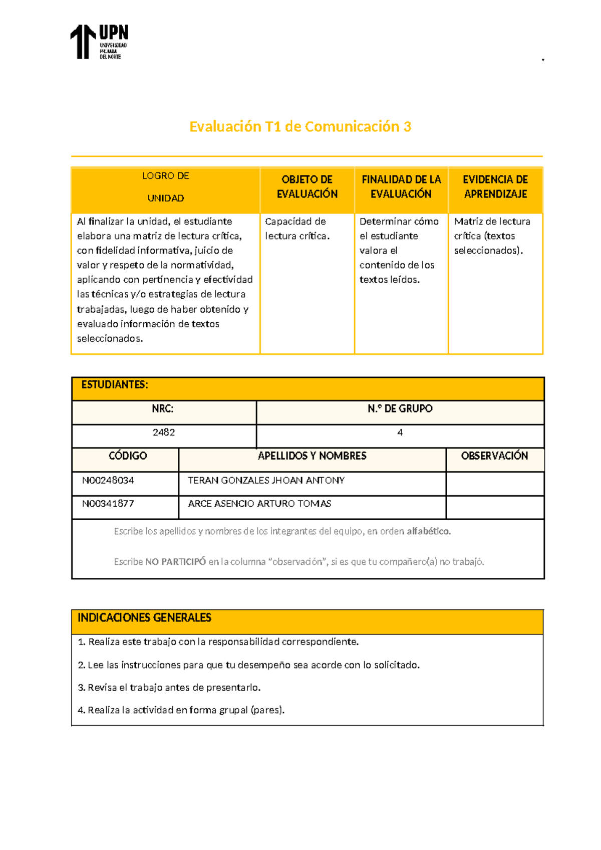 2023-0 T1 Comunicacion 3 Grupo N° 4 - Evaluación T1 de Comunicación 3 LOGRO DE UNIDAD OBJETO DE ...
