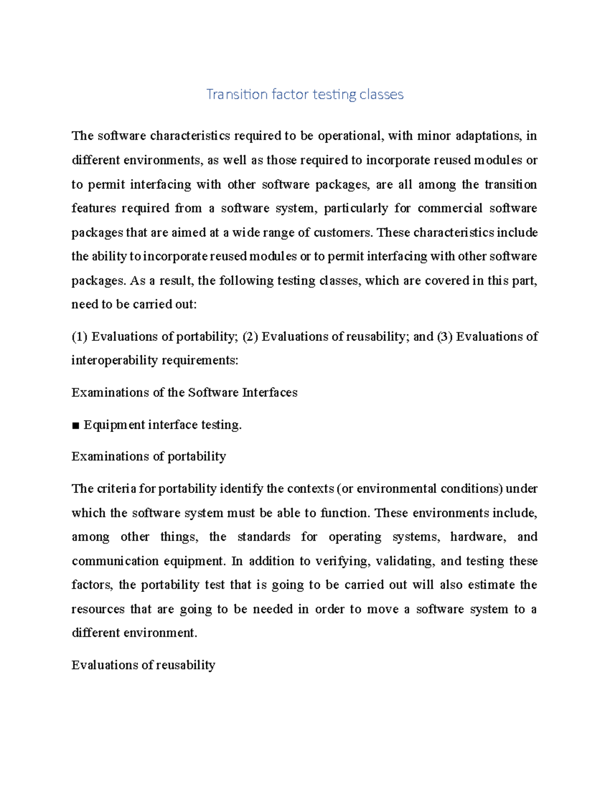 Transition factor testing classes - These characteristics include the ...