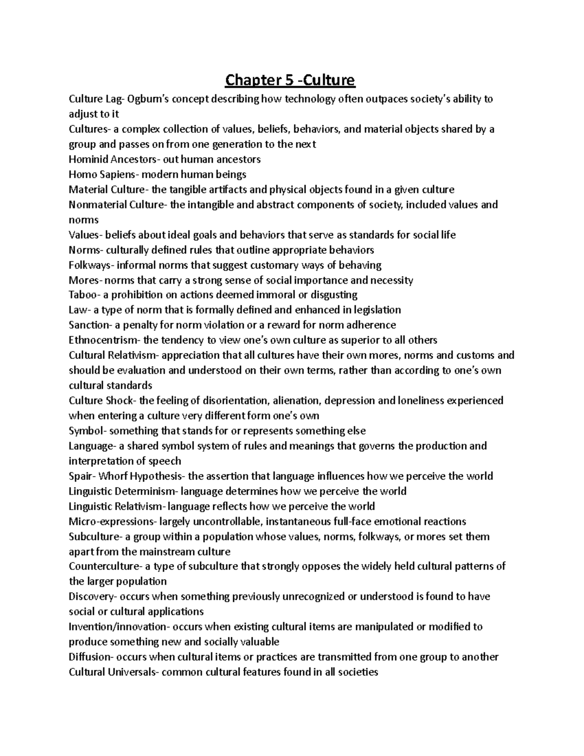 Chapter 5- Culture - Lecture notes 5 - Chapter 5 -Culture Culture Lag ...