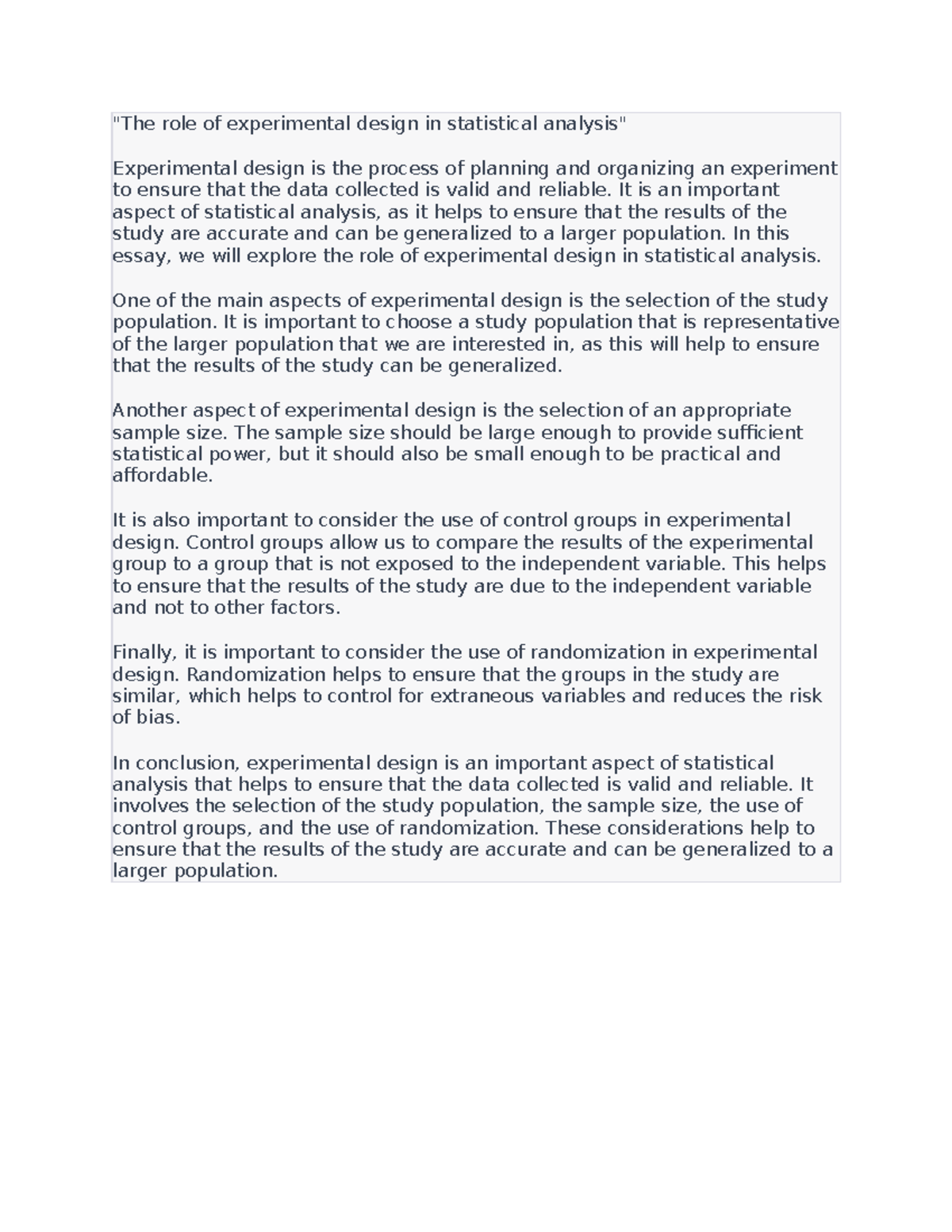 The role of experimental design in statistical analysis - "The role of ...