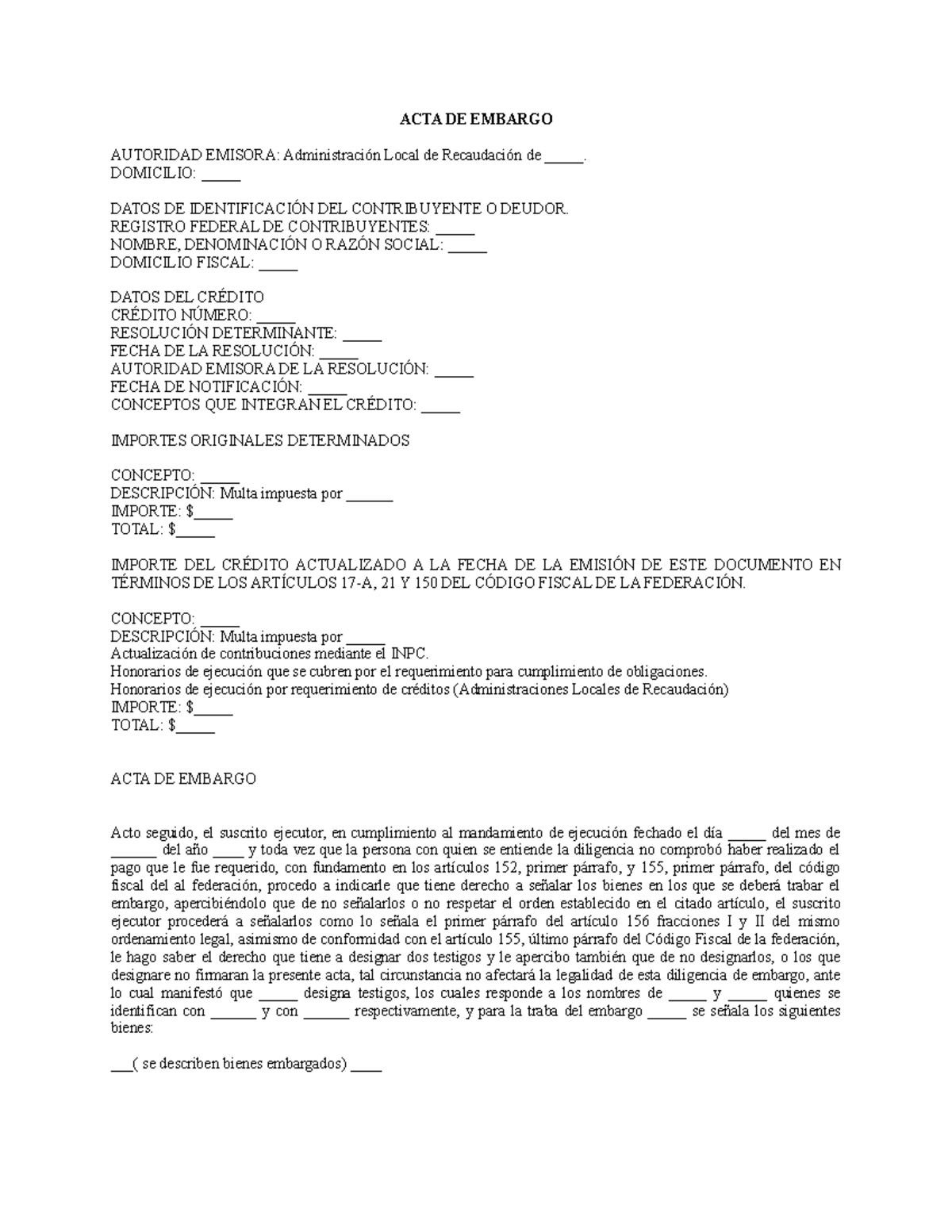 ACTA DE Embargo - ACTA DE EMBARGO AUTORIDAD EMISORA: Administración ...