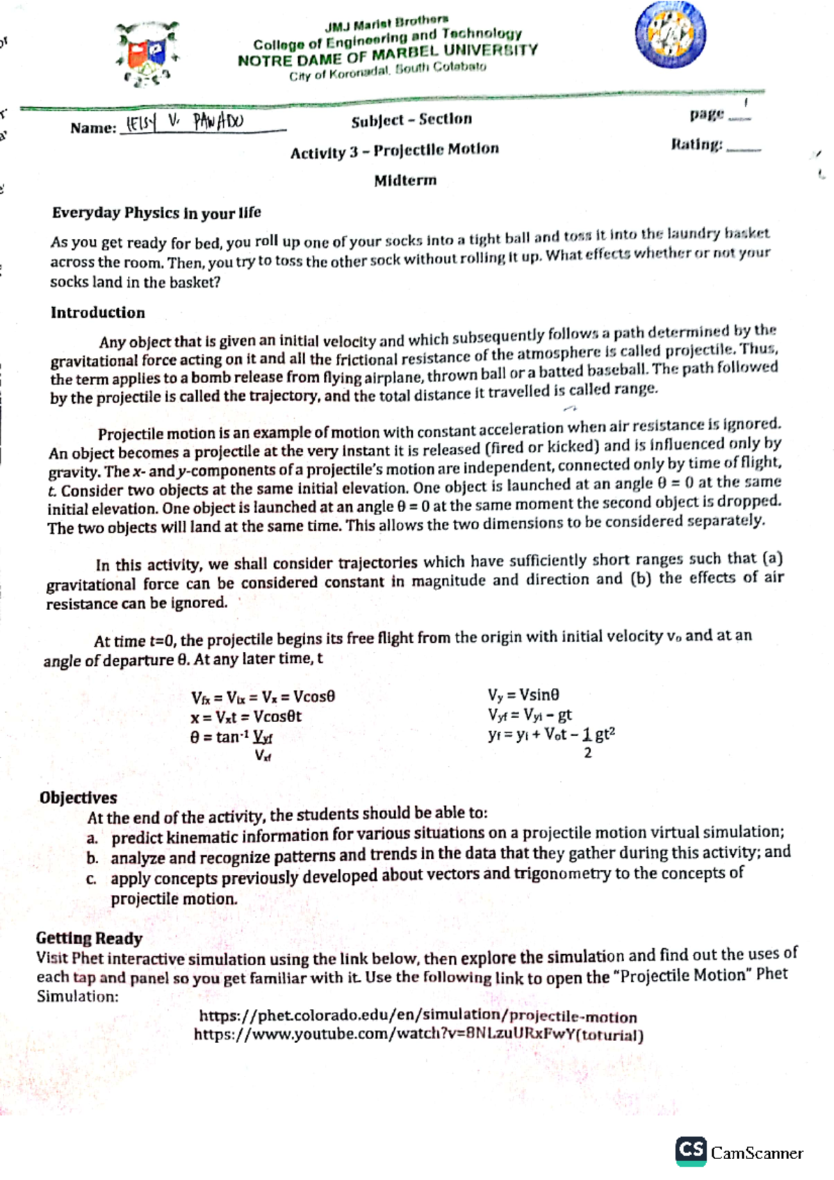 Engphy 101 Panado L A3 - solving and formulas related to this subject - Civil Engineering - Studocu