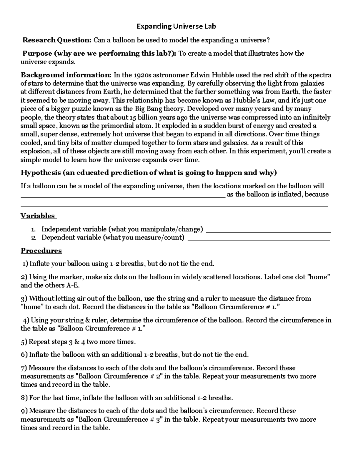 Expanding Universe Lab - Expanding Universe Lab Research Question: Can ...