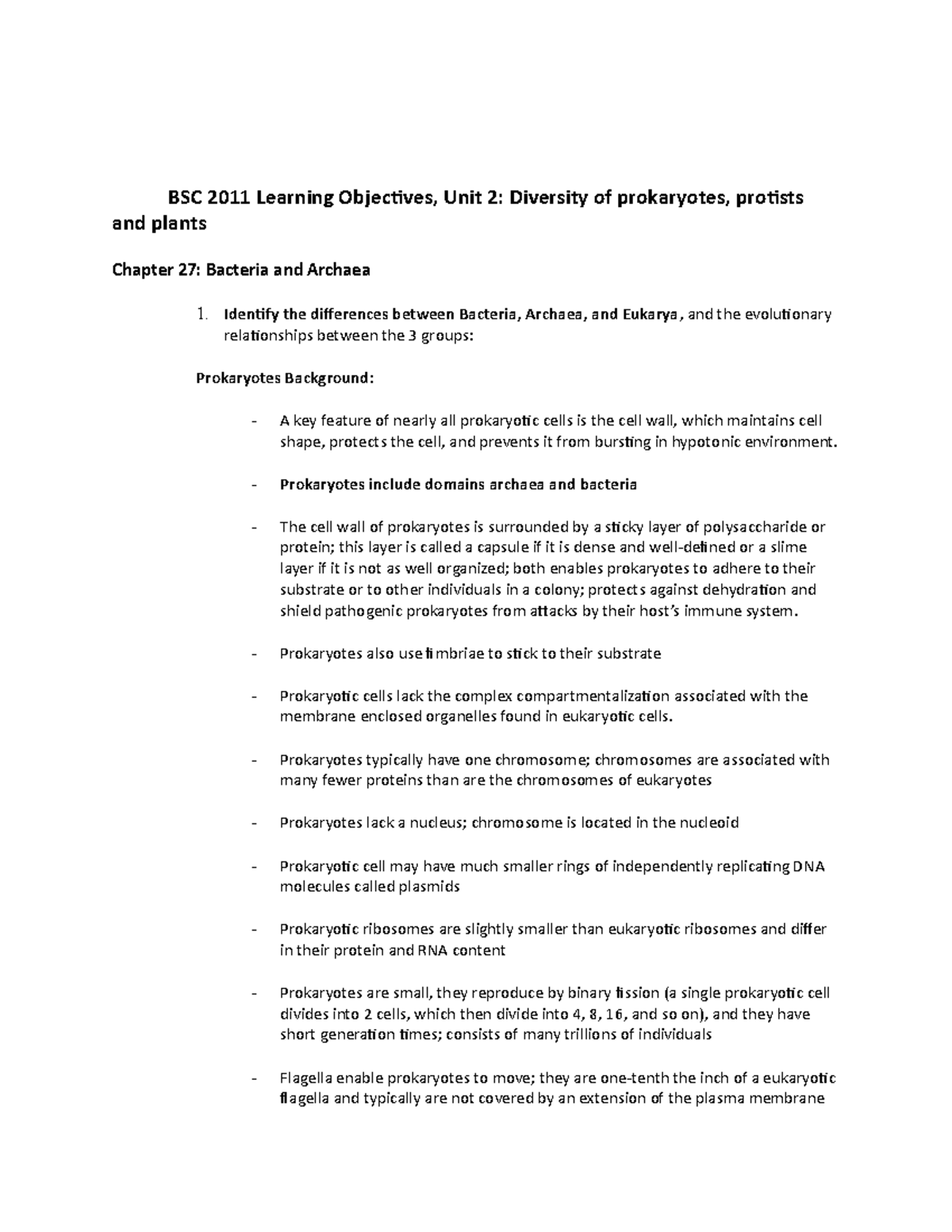 BSC 2011 Learning Objectives- Unit 2 - BSC 2011 Learning Objectives, Unit 2: Diversity of - Studocu