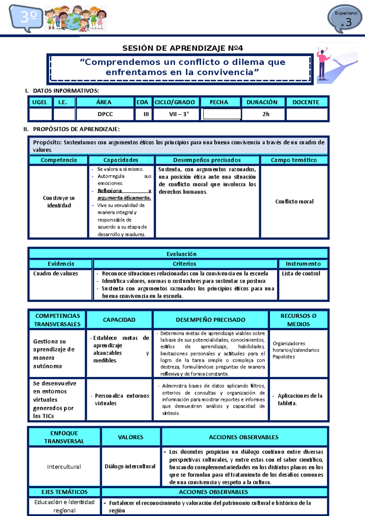 3° Sesión 4-SEM - SESIÓN DE APRENDIZAJE Nº I. DATOS INFORMATIVOS: UGEL I. ÁREA EDA CICLO/GRADO ...