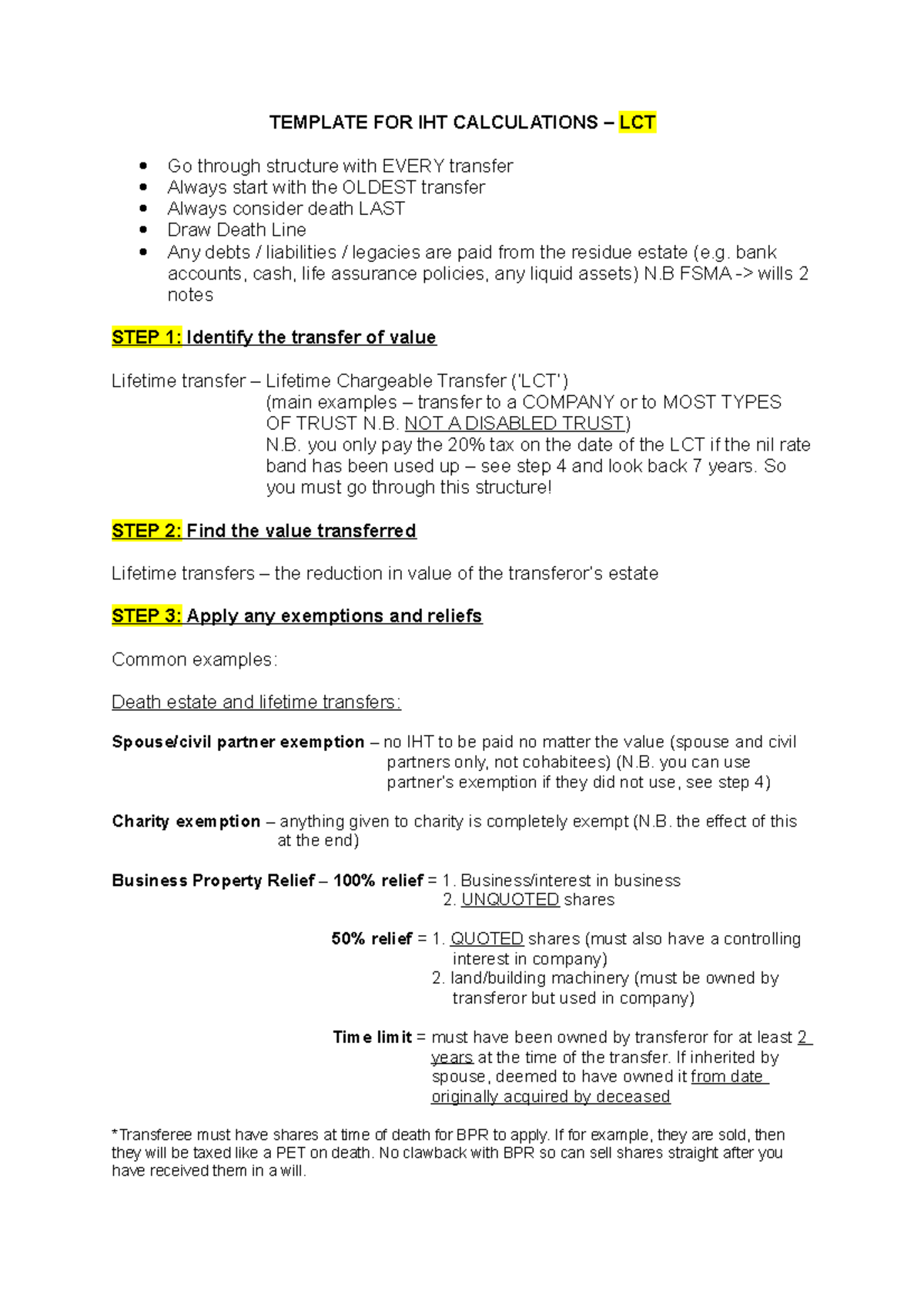 Template - Lifetime Chargeable Transfer - IHT - TEMPLATE FOR IHT ...
