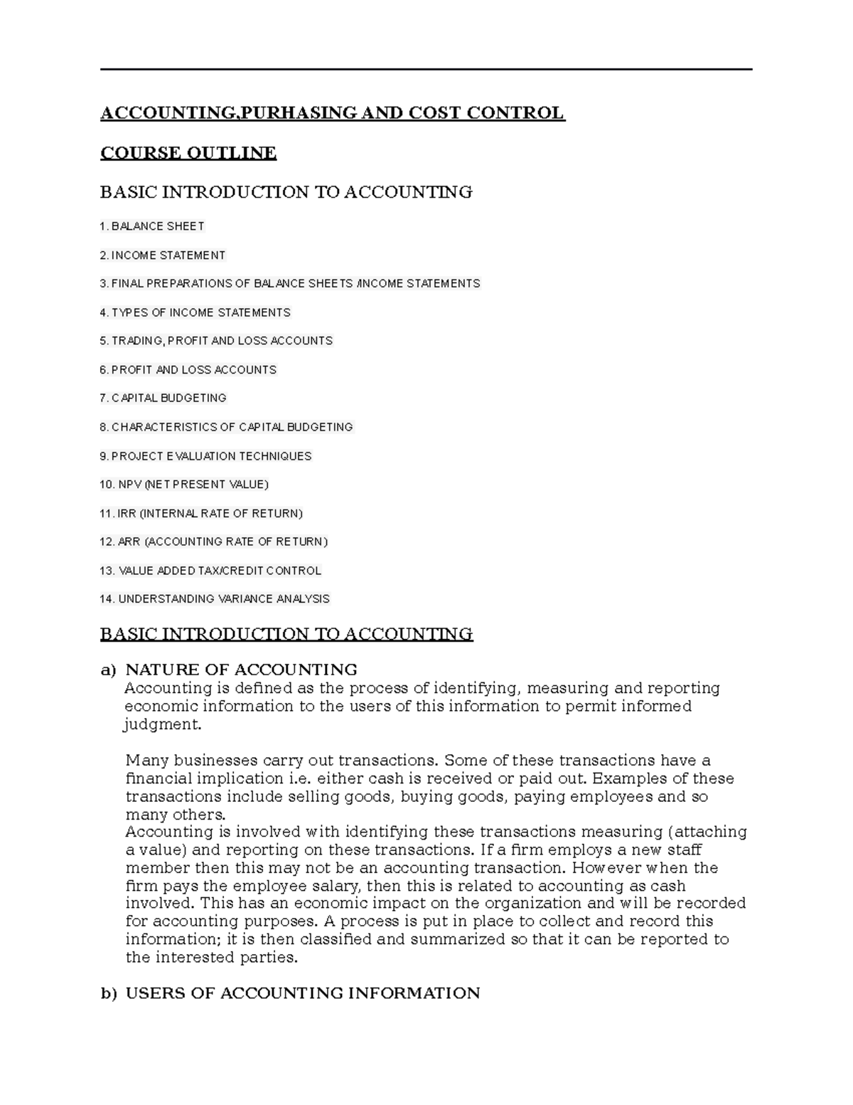 Accounting - ACCOUNTING,PURHASING AND COST CONTROL COURSE OUTLINE BASIC ...