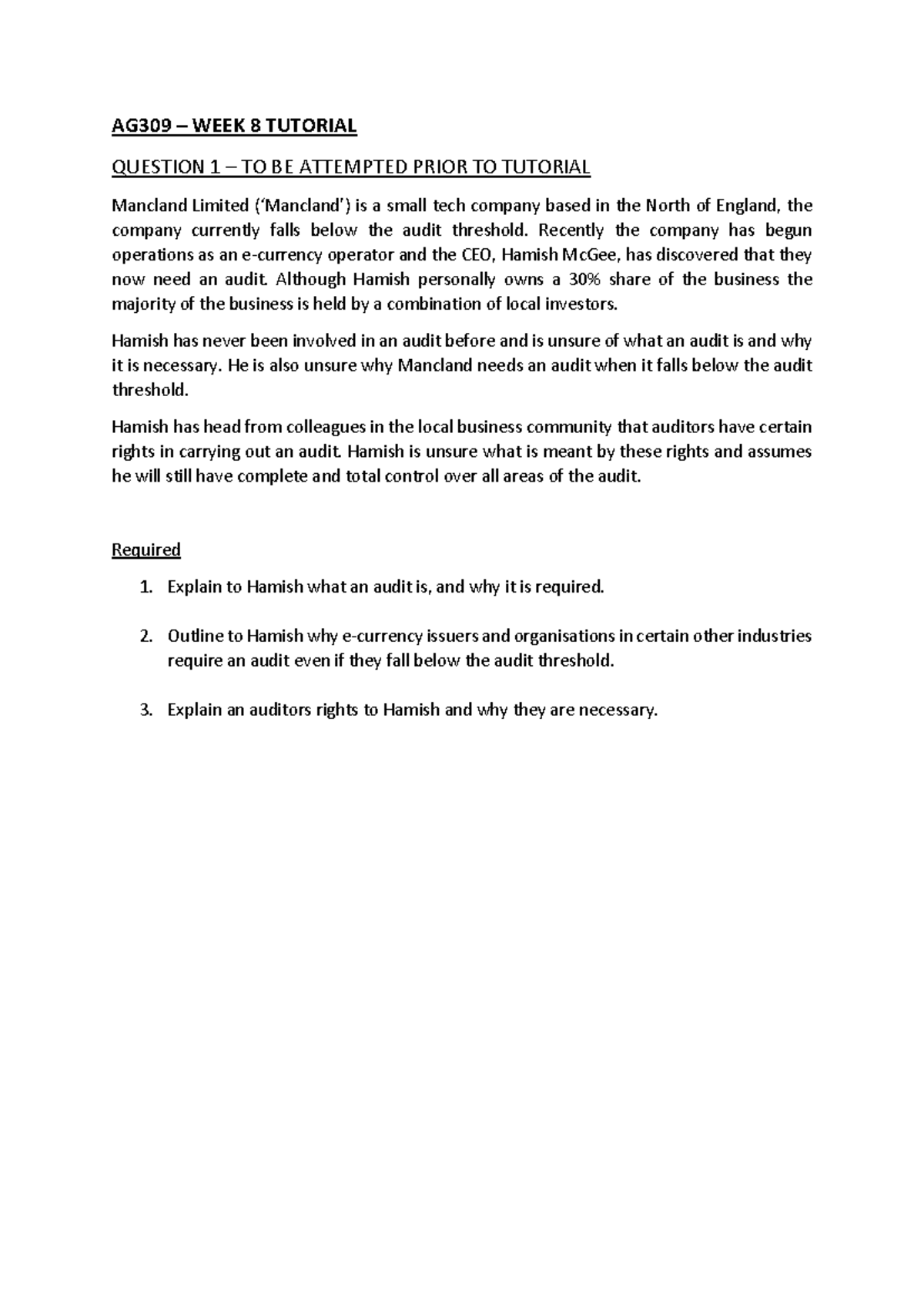 Tutorial 7 Questions - AG309 – WEEK 8 TUTORIAL QUESTION 1 – TO BE ATTEMPTED PRIOR TO TUTORIAL ...