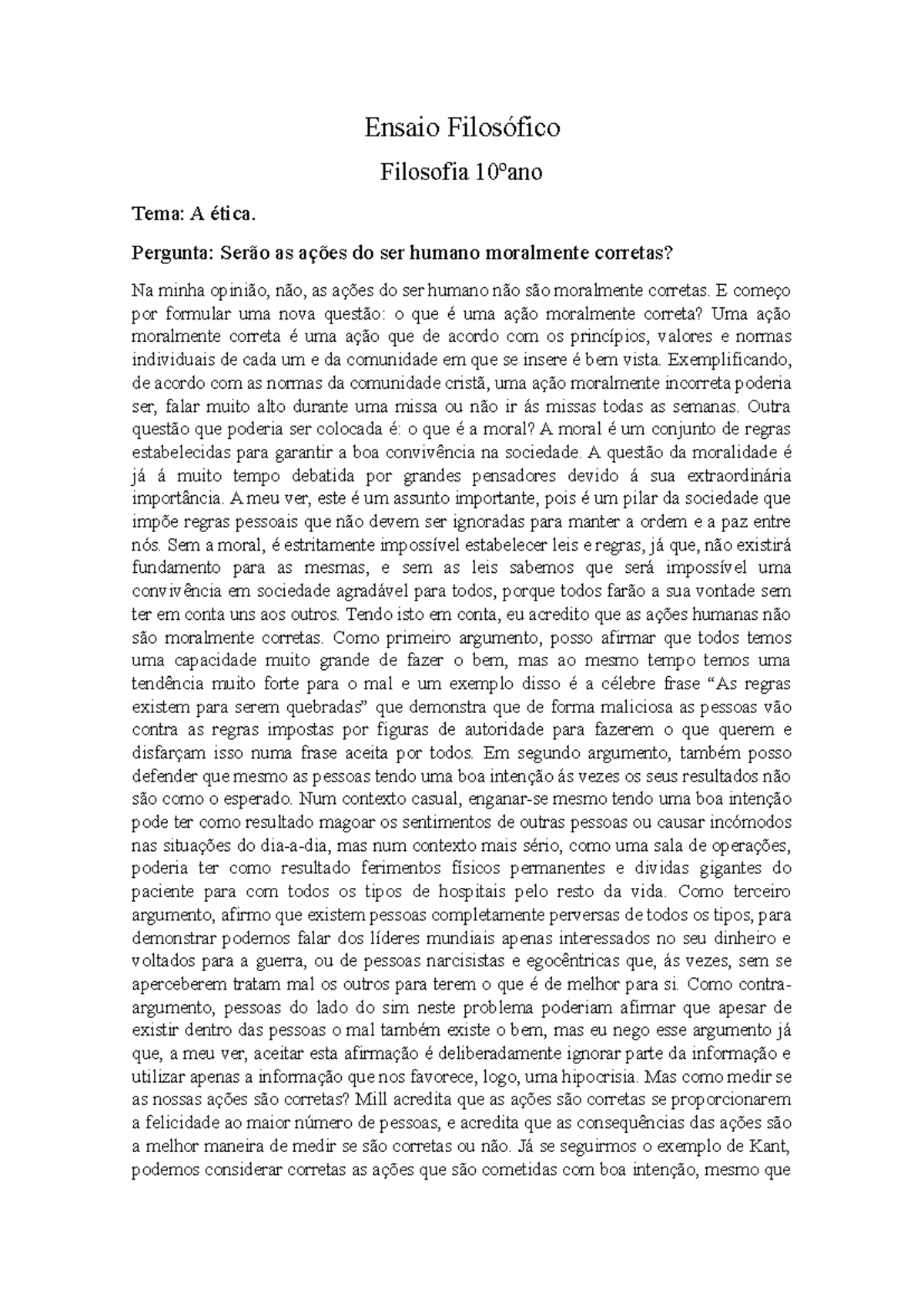 Ensaio Filosófico - Trabalho realizado por alunos e marcado com nota 18 ...